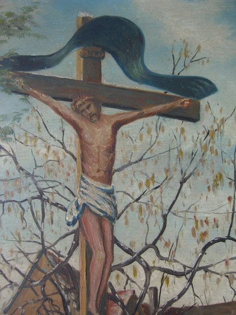 OIL PAINTING UNKNOWN Painter Wayside Cross Behind Friedhofsmauer ...