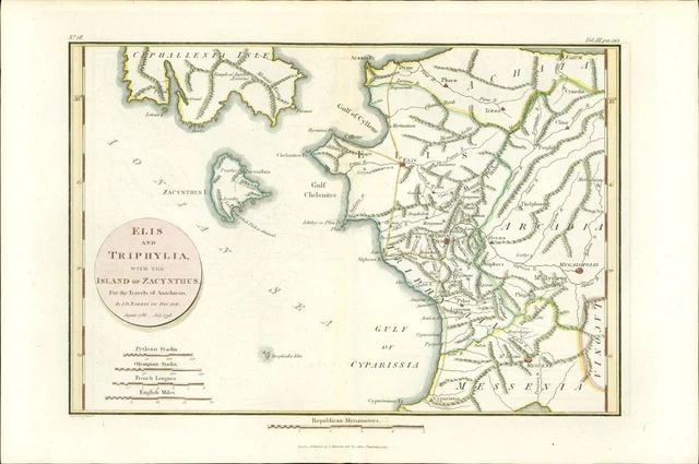 1817 ORIGINALE ANTICA MAPPA ELIS TRIPHYLIA ISOLA di ZACINTO Antica ...
