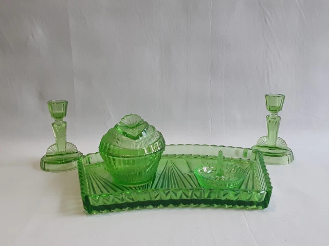 ART DECO GREEN glass dressing table set .Samuel Riech see description ...