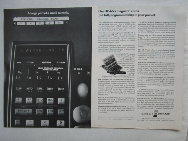 7/1975 PUB HP Hewlett Packard Hp-65 Scientific Calculator Calculatrice ...