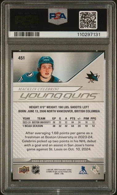 2024-25 UPPER DECK Series 2 Macklin Celebrini Young Guns RC PSA 10 #451 ...