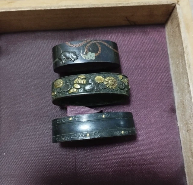 SET OF 3 Fuchi! Edo period Japan antique Fuchi of sword katana tsuba！4 ...