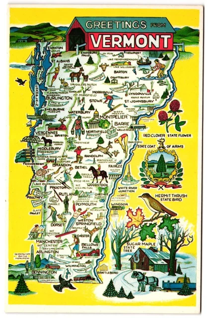 VERMONT STATE MAP Greetings Covered Bridge Labeled Cities and Landmarks ...