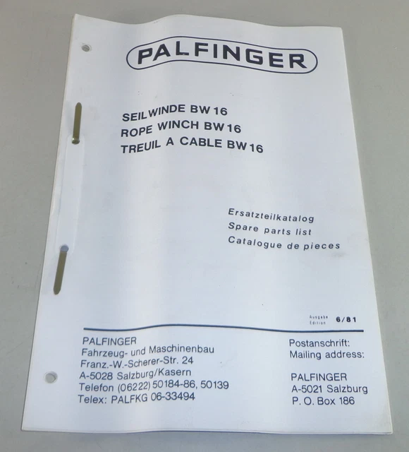PARTS CATALOGUE / spare parts list Palfinger winch BW 16 stand 06/1981 ...
