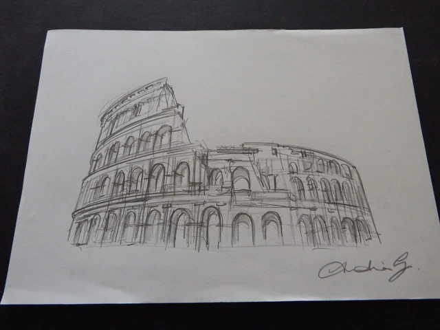 ORIGINAL EXPRESSIVE PENCIL drawing of The Colosseum Rome on ivory white ...