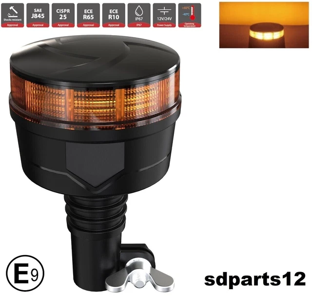 GYROPHARE 30 LED 19W Flexible Balise d'Urgence Orange 12V 24V Tige DIN ...