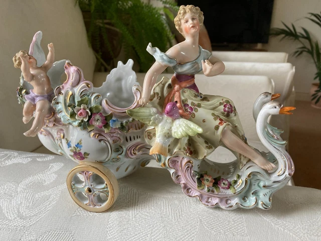 CAPODIMONTE STYLE CHARIOT drawn by Swans with one Female figure and ...
