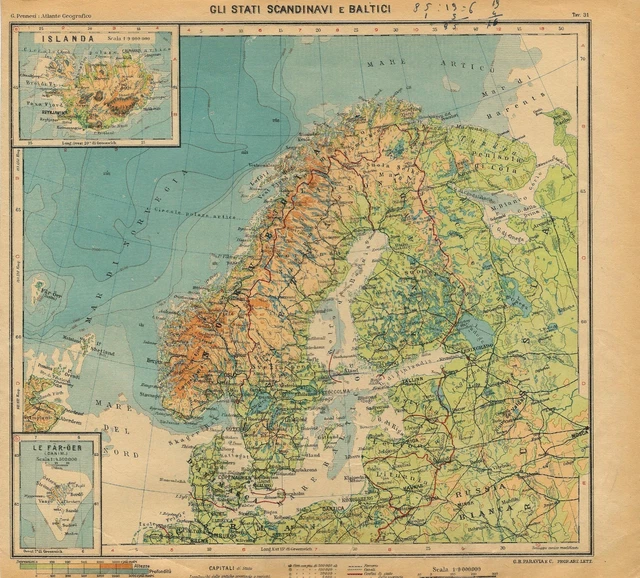 CARTA GEOGRAFICA ANTICA SCANDINAVIA ISLANDA fisica Paravia 1941 Antique ...
