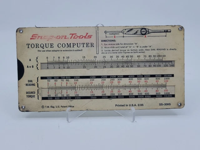 VINTAGE SNAP-ON TOOLS Torque Computer Slide Chart Form No. SS-306G USA ...