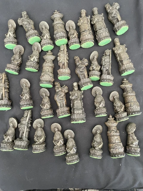 VINTAGE CHINESE RESIN Chess Pieces full set of 32with felt bases $20.53 ...