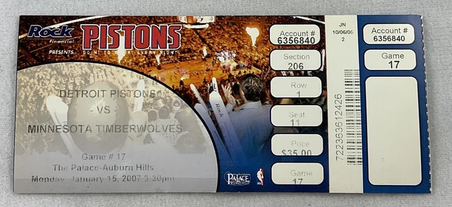 NBA 2007 01/15 Minnesota Timberwolves at Detroit Pistons Ticket ...