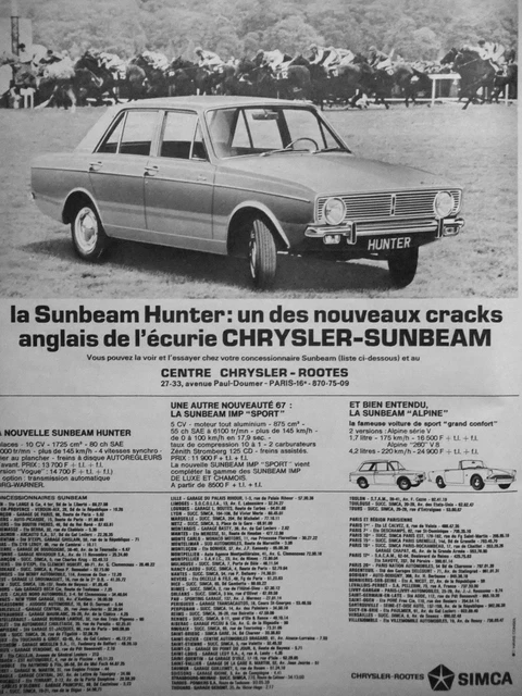 PUBLICITÉ 1966 LA Sunbeam Hunter L'écurie Crysler-Sunbeam Simca - Advertising EUR 3,00 - PicClick FR
