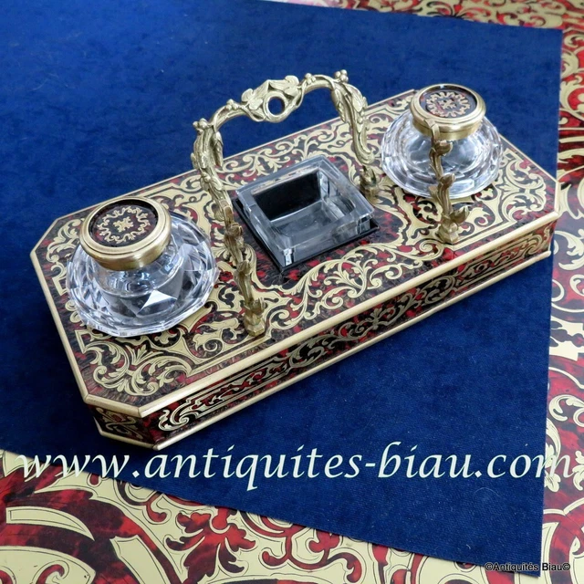 ENCRIER DE BUREAU en marqueterie Boulle époque Napoléon III avec pots ...
