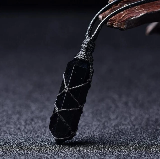 BLACK OBSIDIAN HEXAGONAL Amulet Healing Reiki Point Wrapped Pendant Men ...