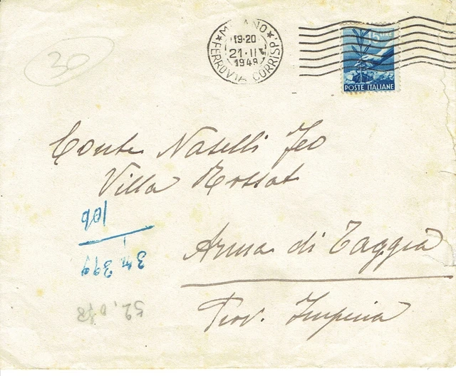 LETTERA BUSTA DEL 22/02/1949 da BERRUTI-Conte NASELLI Aeroporto Arma di ...