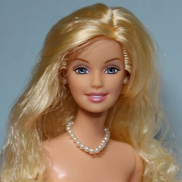 Barbie Doll Nude Long Curly Blonde Hair Blue Eyes Faux Pearl Jewelry