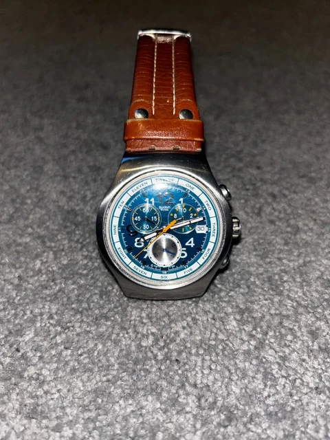SWATCH IRONY MEN'S Watch - blue with brown leather strap - RARE £56.50 ...