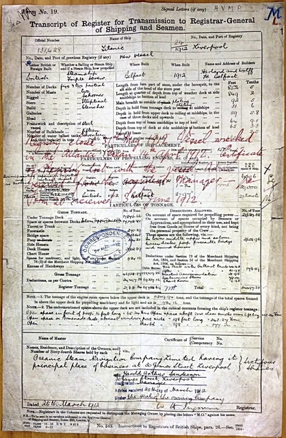1912 RMS TITANIC 'Transcript Of Register' Docket - Memorabilia ...