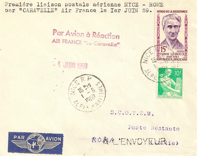 LETTRE PAR AVION 1ere LIAISON AERIENNE PAR CARAVELLE NICE POUR ROME ITALIE 1959 EUR 8,50 ...
