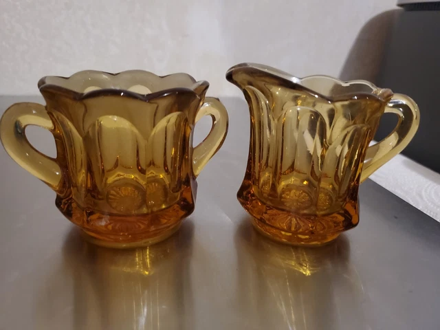 VINTAGE IMPERIAL AMBER Glass Miniature Creamer Pitcher & 2 Handle Sugar ...