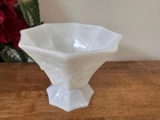 VINTAGE MILK GLASS Octagonal Pedestal Bowl Grape Vine Embossed Fruit ...