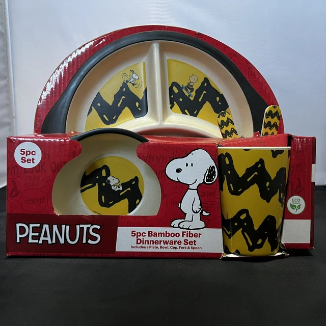 NEW PEANUTS SNOOPY 5pc Kids Dinnerware Set Eco Kid Friendly Bamboo ...
