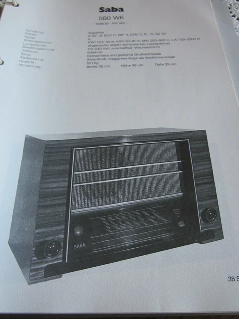 SCHALTPLAN N RADIO Saba 580 WK, 1938 EUR 5,50 - PicClick DE