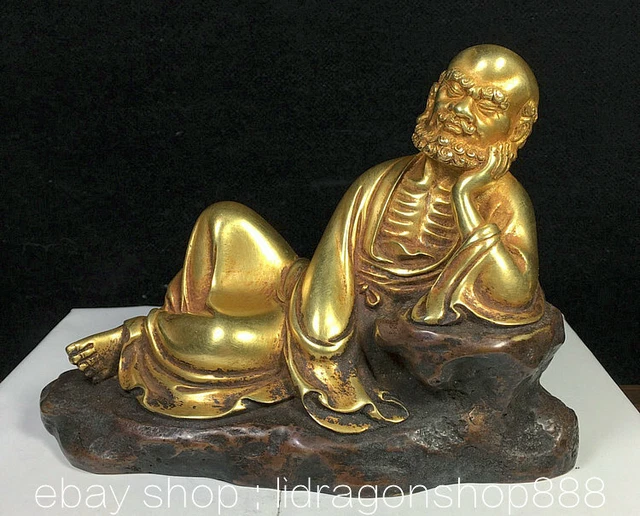 STATUE DE LUOHAN Bodhidharma en bronze chinois de 6,2 pouces plaqué or ...
