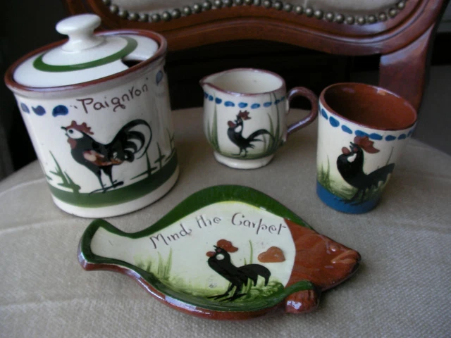 4 X TORQUAY Devon Pottery Longpark Motto Ware - Cockerel Rooster Fish ...