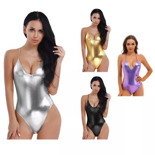 Women One Piece Wet Look Leather High Cut Leotard Thong Bikini Bodysuit