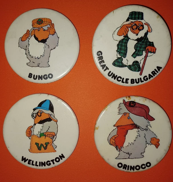 1970S WOMBLE BADGES x 4 Bungo, Great Uncle Bulgaria, Wellington ...
