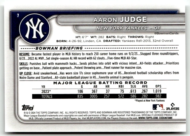 2024 TOPPS MLB Bowman N º 7 Aaron Judge EUR 3,65 - PicClick ES