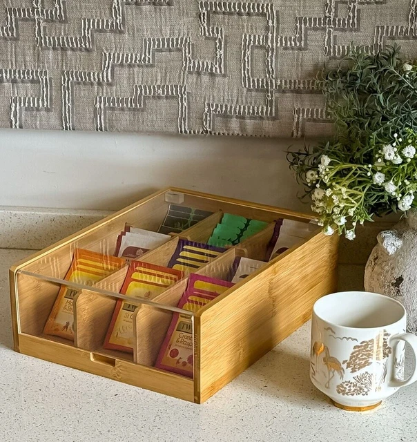 9 COMPARTMENT BAMBOO Tea Bag Box Kitchen Storage Organiser with Clear ...