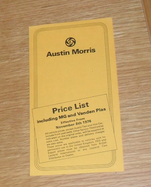 AUSTIN MORRIS PRICE List 1976-1977 Mini MGB GT Midget Allegro Vanden ...