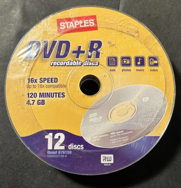 NEW DVD-R RECORDABLE Discs 12 Pack 4.7 GB 120 Min 16x Speed Staples ...
