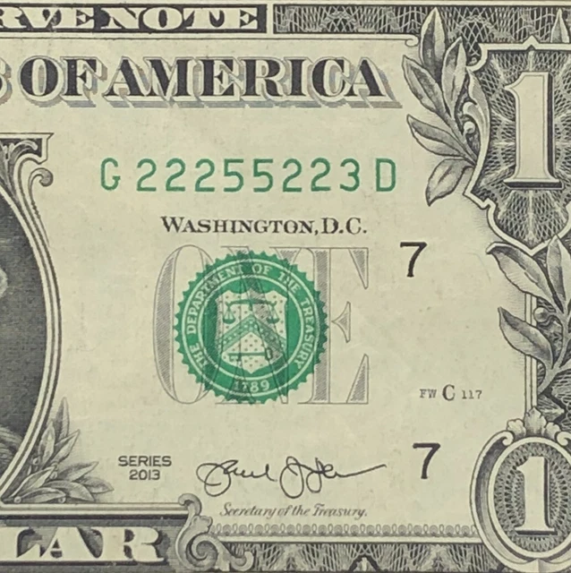 TRIPLE DOUBLE DOUBLE Fancy Serial Number One Dollar Bill C22255223D FW ...