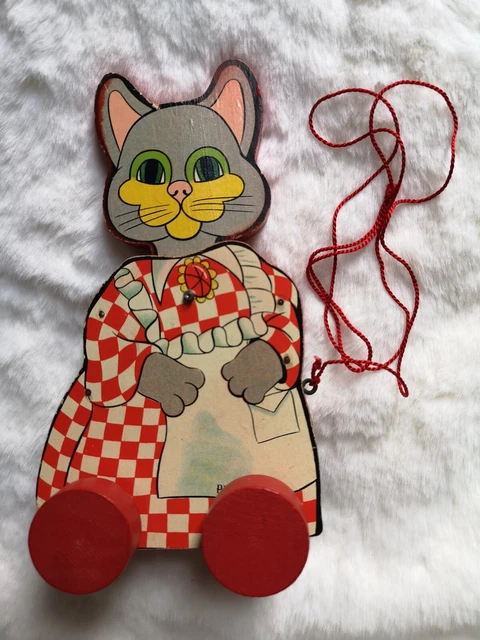 PRUDENCE KITTEN CHAD Valley pull along wooden toy cat 50s vintage ...