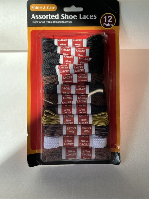12 SHOE LACES in 5 Assorted Sizes & Colours Black, White & Light Brown ...