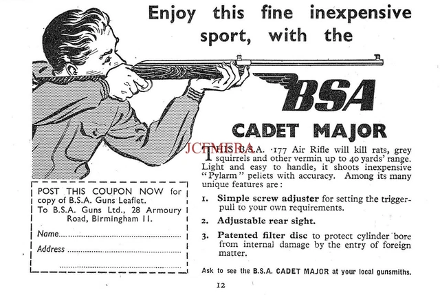 BSA 'CADET MAJOR' Air Rifles ADVERT Small Vintage 1950s Print Ad 162/10 ...