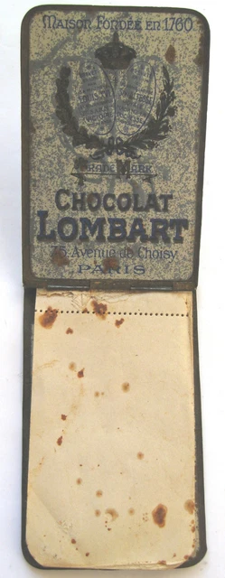 ANCIEN BLOC NOTES Chocolat Lombart 1909 Tole Relief Publicite Old Piece ...