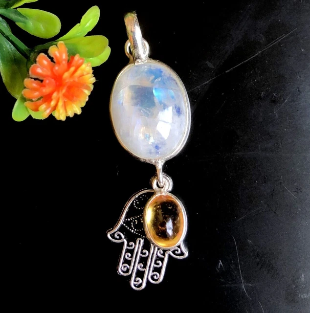 PENDENTIF SUPERPOSÉ EN pierre de lune arc-en-ciel et argent citrine ...