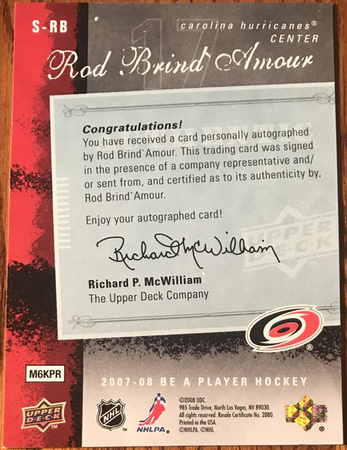 2007-08 BE A Player Signatures Rod Brind’Amour S-RB Carolina Hurricanes ...