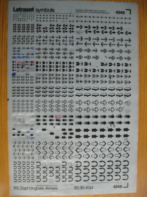 .1 X LETRASET Symbols ITC ZAPF DINGBATS-ARROWS 20,30,40pt Sheet 4248 ...
