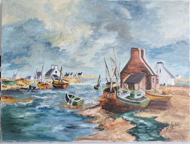 D GODON TABLEAU HUILE sur TOILE XXe Signe PAYSAGE Port du Morbihan 7 ...