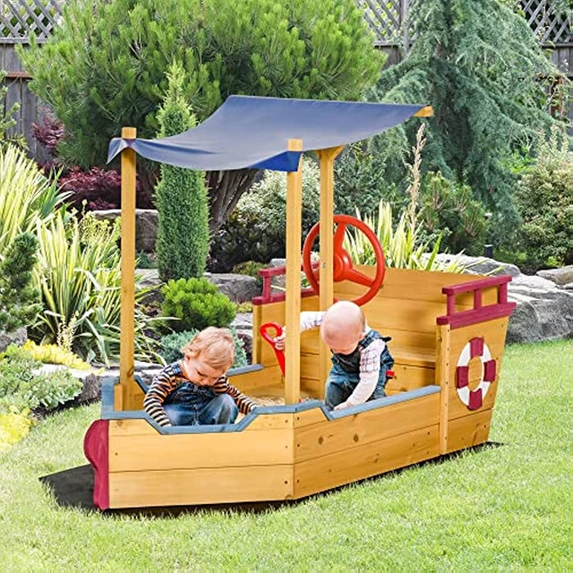 KIDS WOODEN SANDPIT Box Pirate Ship Sand Pit Bench Outdoor Garden ...