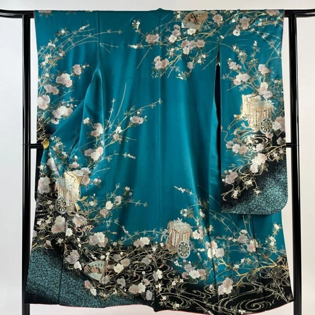 WOMAN JAPANESE KIMONO Furisode Silk Goshoguruma Flower Gold Silver Foil ...