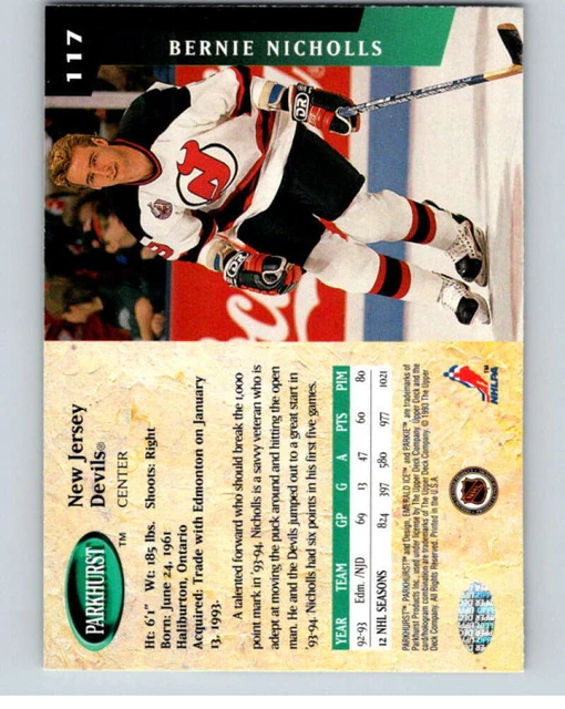 1993-94 PARKHURST GLACE d'émeraude #117 Bernie Nicholls New Jersey ...