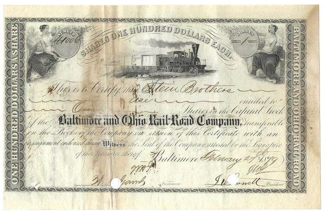 B&O RAILROAD PRESIDENT John W. Garrett Signed 1879 Stock Certificate £6 ...