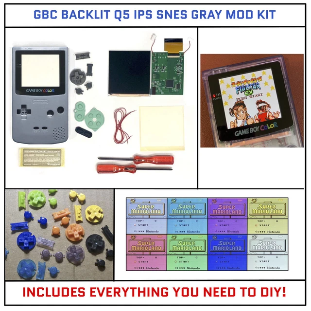 NINTENDO GAME BOY Color GBC Q5 IPS Backlit KIT SNES GRAY Shell Button £ ...