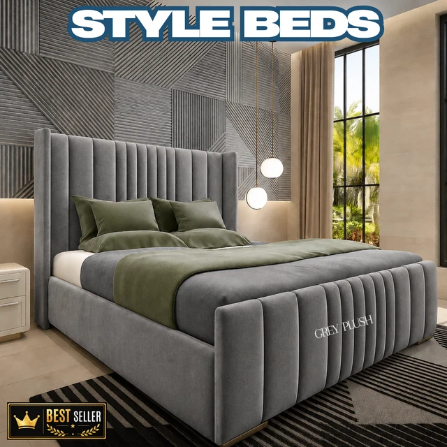 OTTOMAN BED WINGED Plush Velvet New York Divan Storage Double,King ...